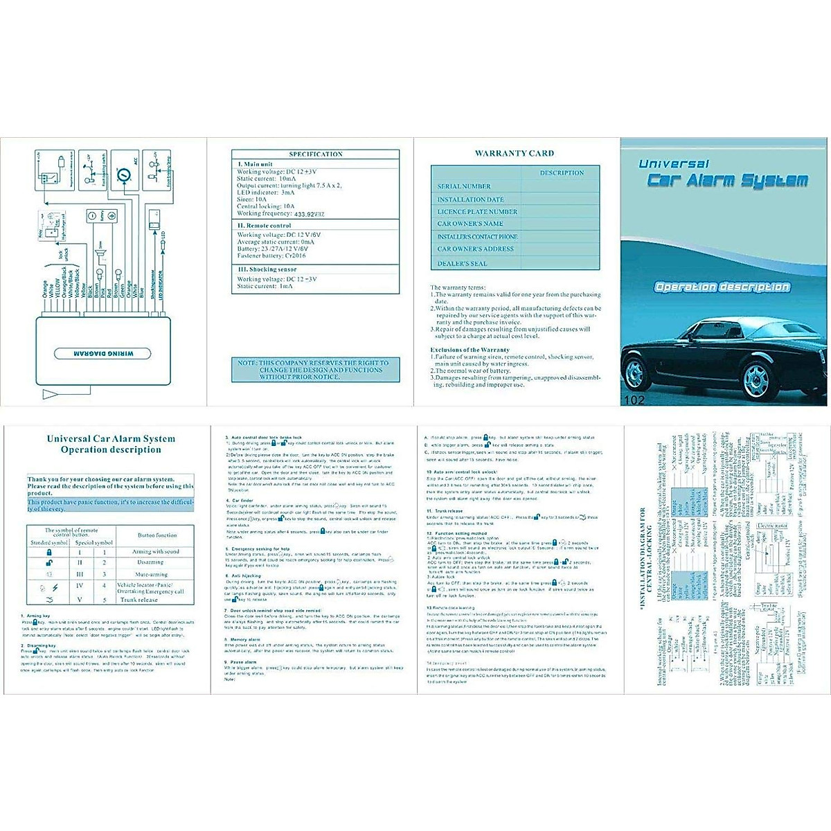 Car Remote Central Locking Kit - MASO 4 Doors Keyless Entry System + Anti-Theft Alarm Immobiliser System with Shock Sensor Universal Fits for All Car