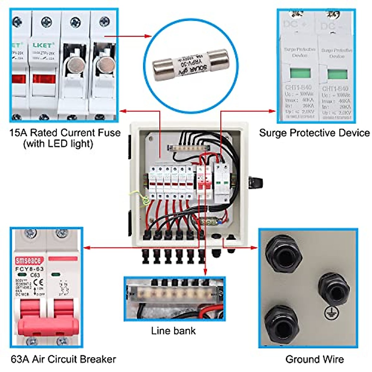 TWTADE Metal Solar Combiner Box,6 String PV Combiner Box with LED 15A Rated Current Fuse and 63A Air Circuit Breaker & Surge Protective Device,for On/Off Grid Solar Panel System