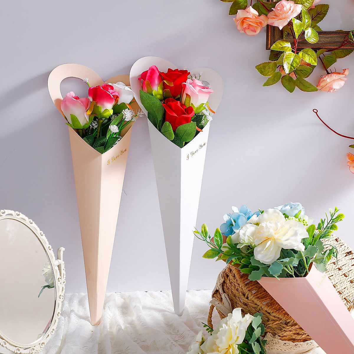 Teling 18 Pcs Single Flower Sleeve Love Heart Floral Bouquet Bags Paper Flower Wrapping Box Waterproof Packaging Bag with Ribbons for Flower Florist Gift, Pink, Rose Gold, White, 7.1 x 18 Inch