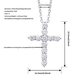 Ladylike 18K Gold Plated Sterling Silver Moissanite Cross Pendant Necklace for Women, with 11 Pieces of 3mm VVS1, D moissanites,Small and Exquisite Necklace,16+2" inches Necklace Chain (Silver)