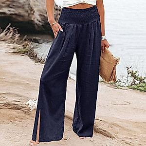 SHAOBGE Women's Casual Wide Leg Palazzo Pants High Waisted Smocked Lounge Trousers with Pockets