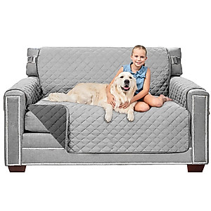 Sofa Shield Loveseat Slip Cover with Patented Strap, Cushion Protector, Reversible Stain, Dog Tear Resistant Slipcover, Quilted Microfiber 54” Seat, Washable Covers, Dogs Pets Kids Light Gray Charcoal