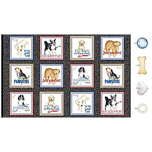 FlashPhoenix Quality Sewing Fabric –Dogs Think Pawsitive Puppy Fabric Animal Bones Blocks 100% Cotton 24x44 Panel