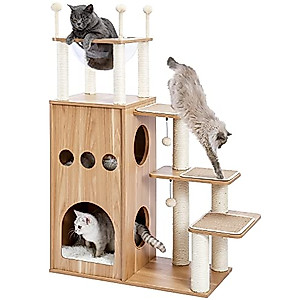 Made4Pets Modern Cat Tree for Large Cat, Wood Cat Tower Heavy Duty with Scratch Post for Indoor Big Cats, 51" Extra Tall Cat Condo Sturdy Frisco Castle with Clear Bowl for Kittens Maine Coon 20Lbs