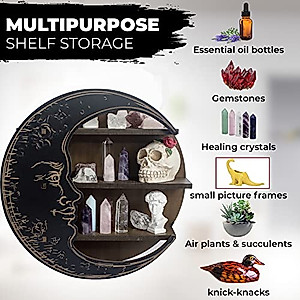 CEFRECO Black Crescent Moon Shelf - Rustic Wooden Crystal Holder for Healing Stones and Essential Oils - Wall-Mounted Crystal Shelf Display for Wall Decor - Witchy Gifts for Women