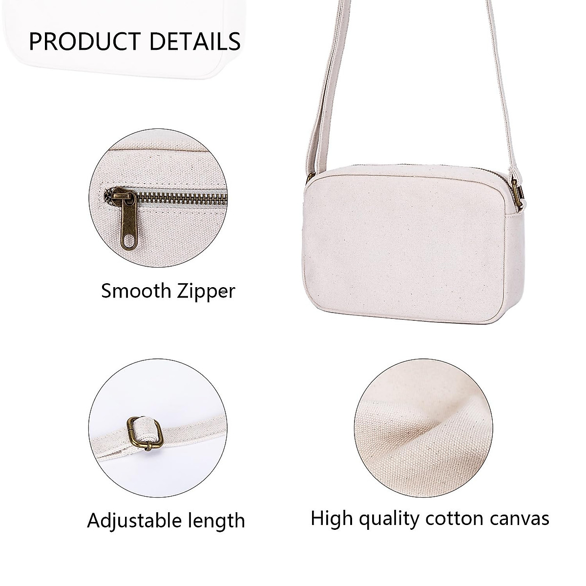 YONBEN Square Crossbody Bag with Adjustable Length Women Cotton Canvas Casual Shoulder Work Bag (Black)