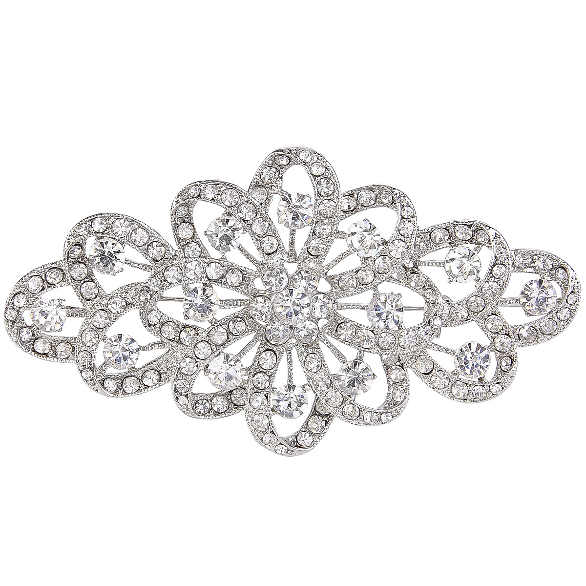 EVER FAITH Austrian Crystal 4 Inch Flower RibbonBridal Brooch Wedding Accessories for Women Clear Silver-Tone