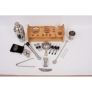 Cocktail Mixology Shaker Set - Bartender Kit with an Elegant Bamboo Stand - Bar Accessories Kit Including a Martini Shaker, Bar Jigger, Syrup Dispenser & Mixer Recipe Book