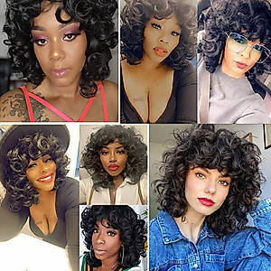 andromeda Curly Wigs for Black Women Soft Short Curly Wig with Bangs Afro Loose Curls Heat Resistant Synthetic Wig for African American Women (Black)