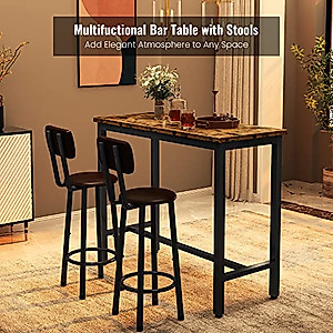 AWQM Bar Table Set of 2,39.3" Pub Height Table & 2 PU Upholstered Stools with Backrest,Industrial 3 Piece Breakfast Bar Table Sets,for Living Room,Kitchen,Bar,Rustic Brown & Black & Brown