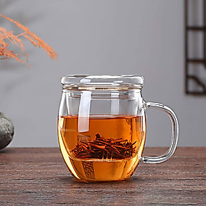 CHNTEA Tea Mug Glass Beautiful Cup with Infuser and Lid for Steeping,12 Ounces Transparent Snare Drum Mug