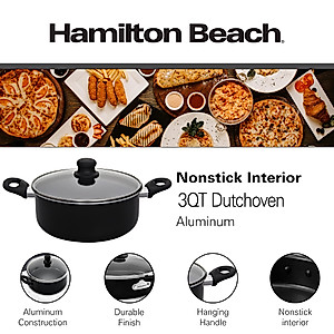 Hamilton Beach Nonstick Covered Dutch oven 3-Qt - Black Aluminum Dutch oven with Soft Touch Bakelite Handle & Glass Lid - Flared Edge - Spiral Bottom, Multipurpose Use - Durable & Dishwasher Safe