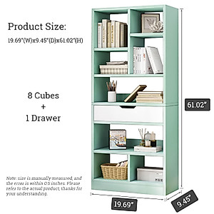 IOTXY Wooden Open Shelf Bookcase - 61 Inches Height Freestanding Display Storage Cabinet Organizer with 8 Cubes and a Drawer, Floor Standing Bookshelf in Tiffany-Green