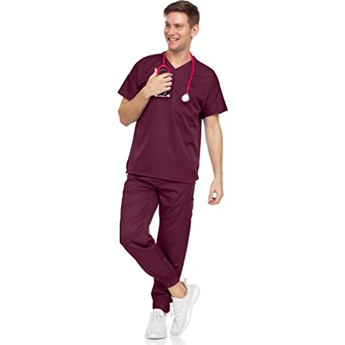 MediChic Men's Workwear Scrubs Stretch V-Neck Scrub Joggers Set with Seven-Pocket Pants Available in 10 Colors Up to Size 3X