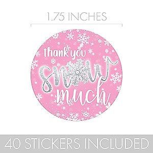 Pink Winter Onederland 1st Birthday Party Thank You Stickers, Pink Snowflake Thank You Snow Much - 40 Count