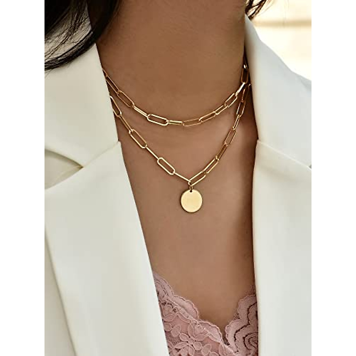 GORGLITTER Women's Round Pendant Layered Necklace Paperclip Chain Necklaces Gold One Size