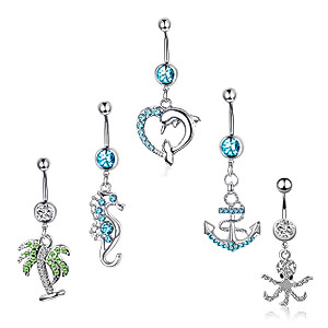 FIBO STEEL 9-10 Pcs Dangle Belly Button Rings for Women 316L Surgical Steel Curved Navel Barbell Body Jewelry Piercing