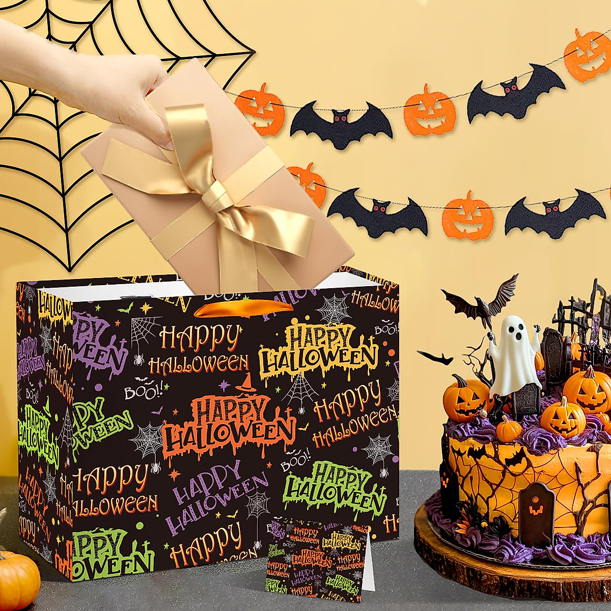 CASLON Happy Halloween Bag Orange Halloween Boo Candy Bag with Tissue Paper and Card Halloween Spider Favor with Spider Webs Goodie Bag for Trick or Treat Happy Halloween Party Supplies