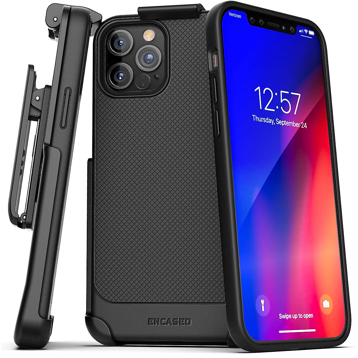 Encased Thin Armor Series Compatible with iPhone 12 Pro Max Belt Clip Case Slim Grip Cover with Holster - Black