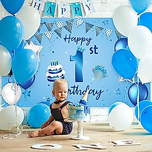 Happy 1st Birthday Backdrop Banner Blue Newborn Boys First Birthday Backdrop Photography Background for 1st Birthday Baby Shower Party Decorations Supplies 72.8 x 43.3 Inch