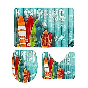 3 Pieces Bathroom Rugs Sets Non Slip Coral Fleece Absorption Extra Soft Durable Bath Carpet Accessories for Tub Shower Bedroom Entryway Surfboard Vintage Style