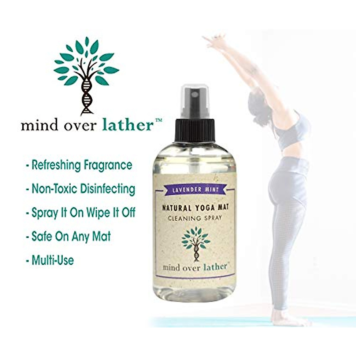 Mind Over Lather 100% Natural Yoga Mat Cleaning Spray | Works with All Mats | Cleans and Restores Using Essential Oils Naturally | Calming (Lavender Mint)