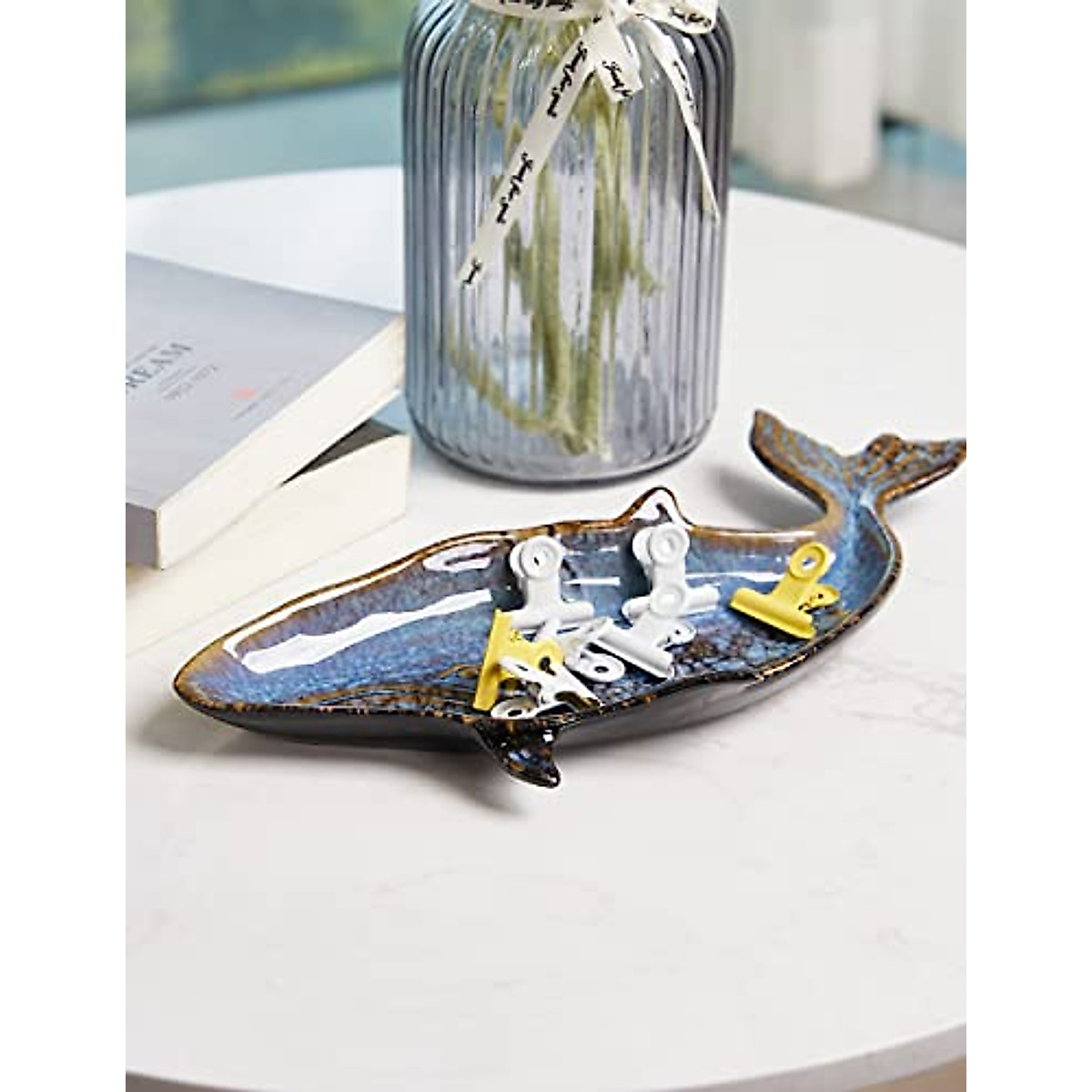 SEINHIJO Cearmic Candy Dish Cookie Plates Nuts Bowl Jewelry Tray Dolphin Gifts Sculpture Home Decor 11.5 inch