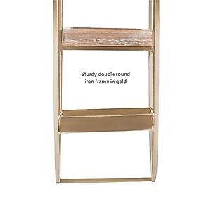 Linon Kenson Round Metal and Greywashed Wood Four Shelf Wall Storage in Gold