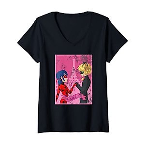 Womens Miraculous Ladybug Vintage Collection Paris Love V-Neck T-Shirt