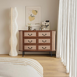 FurSch Rattan 6 Drawer Dresser for Bedroom,47.2" Curved Wooden Chest of Drawers,Large Six Drawer Double Dresser for Bedroom (Walnut, 47.2inch)