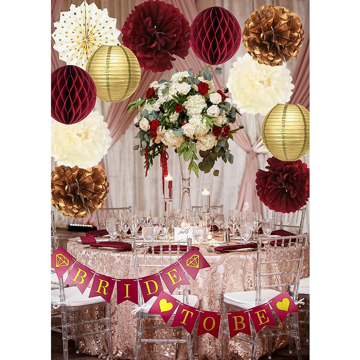 Fall Bridal Shower Decorations Burgundy Gold/Bachelorette Party Decorations Maroon Gold/Fall Wedding Decorations Burgundy Polka Dot Fans Bride To Be Banner for Burgundy Wedding