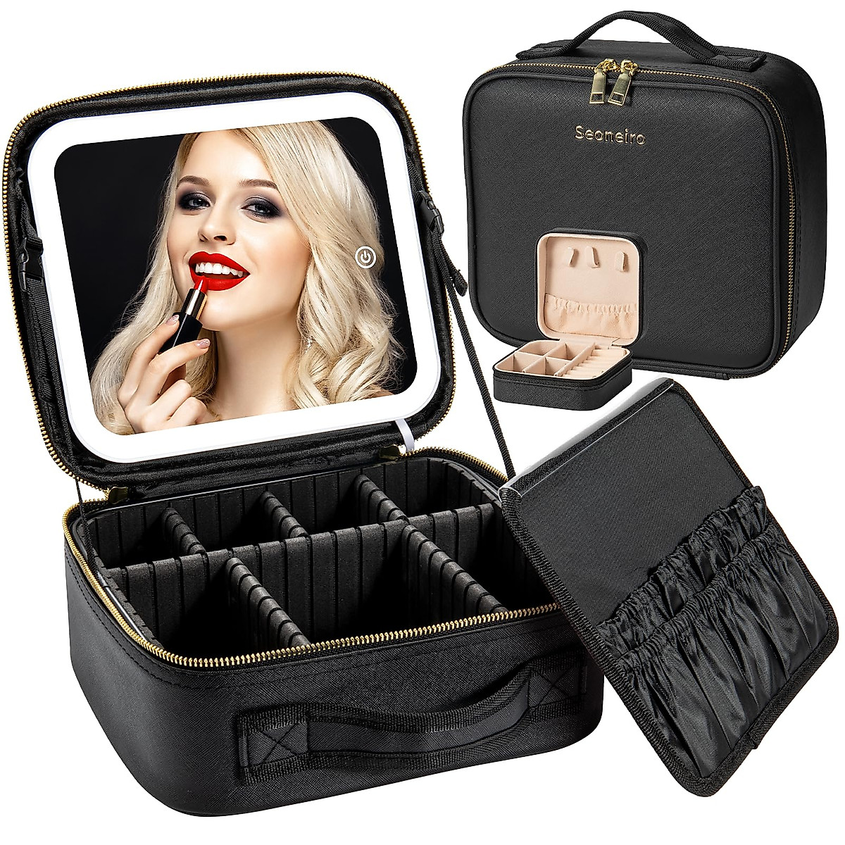 Seoneiro Makeup Travel Bag with LED Lighted Mirror Adjustable Brightness Portable Waterproof Makeup Case with Adjustable Dividers, Make up Train Case Organizer Makeup Brush Accessories and Tool Case