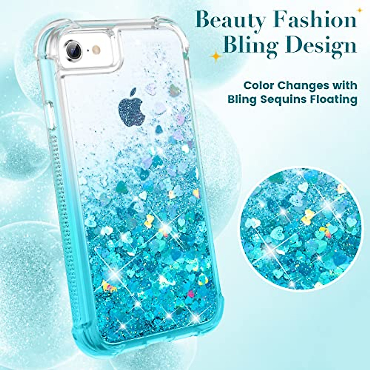 Ruky iPhone 6 6s 7 8 Case, iPhone SE 2020 Case, Glitter Full Body Rugged Liquid Cover with Built-in Screen Protector Shockproof Heavy Duty Girls Women Case for iPhone SE 2022 4.7” (Gradient Teal)