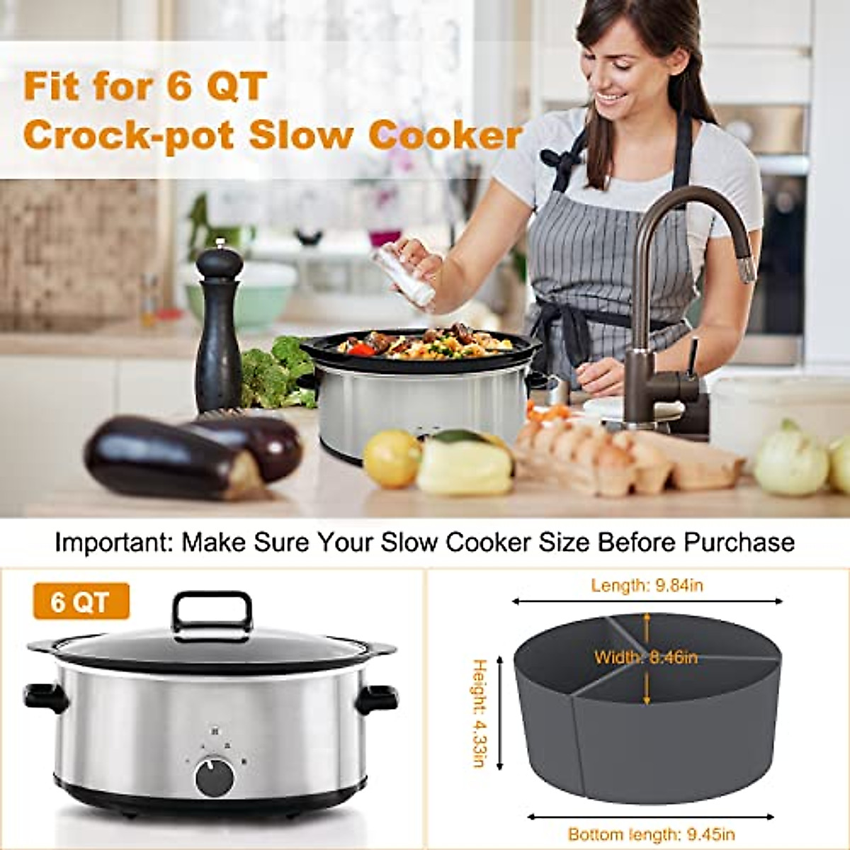 Dompion Silicone Slow Cooker Liners, Reusable 3 Divider Insert Fits for Crock-pot Oval 6 QT Slow Cooker, Dishwasher Safe, Easy Cleanup, Food-Grade BPA Free Cooking Liners for Most 6 QT Slow Cooker