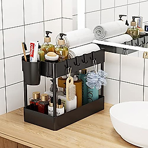 AIYAKA Under Sink Organizer, 2 Tier Storage Rack, Under Cabinet Organizer Baskets With 6 Hooks And 1 Cup For Bathroom Kitchen Pantry Bedroom, Black