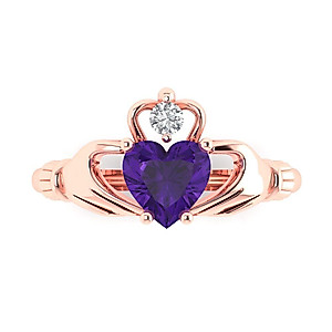 Clara Pucci 1.49ct Heart Cut Irish Celtic Claddagh Solitaire Amethyst Designer Wedding Bridal art deco Anniversary Ring 14k Rose Gold