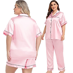 SWOMOG Silk Satin Pajama Set for Plus Size Women Button-Down Loose Bride Pajamas Pink Sleepwear and Loungewear Set 24W