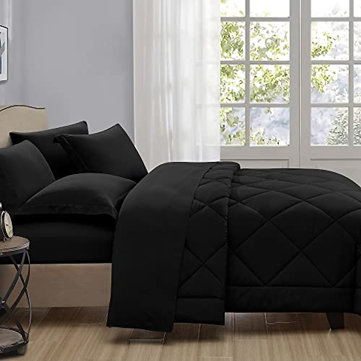 Love's cabin Full/Queen Comforter Set Black, 7 Pieces Queen Bed in a Bag, All Season Full/Queen Bedding Sets with 1 Comforter, 1 Flat Sheet, 1 Fitted Sheet, 2 Pillowcase and 2 Pillow Sham