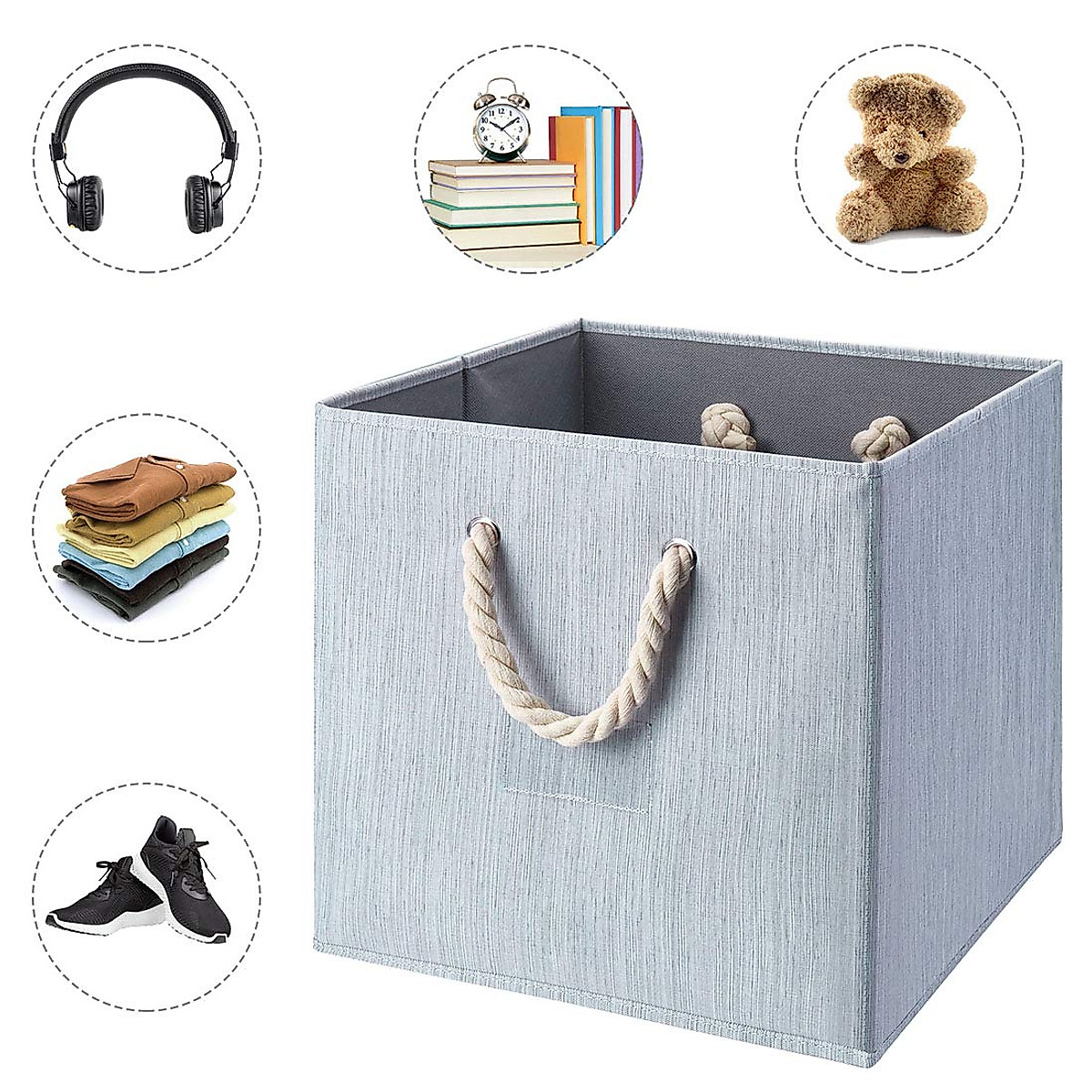 i BKGOO Foldable Storage Cube Bins Grey Bamboo Fabric Collapsible Resistant Basket Box Organizer with Cotton Rope Handle for Home Office and Nursery 13x13x13 inch
