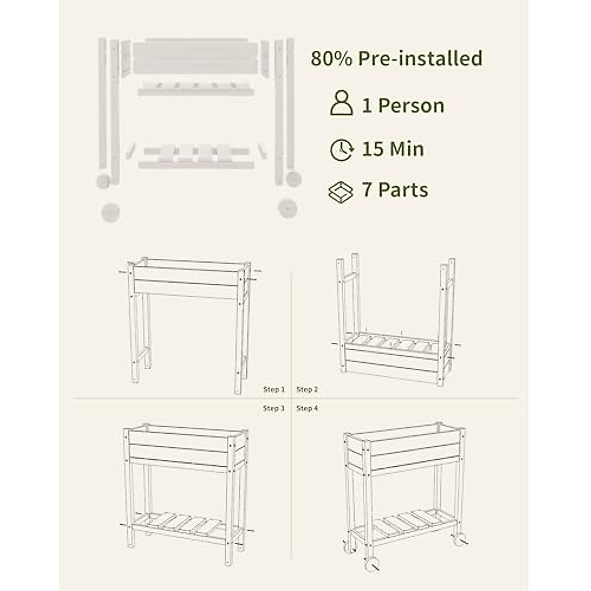 JEAREY Raised Garden Bed with Legs, HDPE Elevated Garden Boxes with Wheels, Raised Planter Box Outdoor, for Flowers Vegetables Herbs Backyard Patio Balcony, White