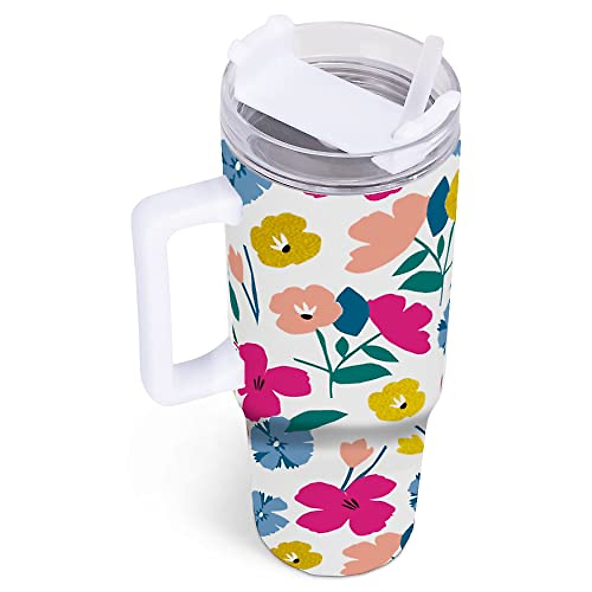 Mary Square Darling Daisy Pink Floral 30 ounce Stainless Steel Water Tumbler with Handle