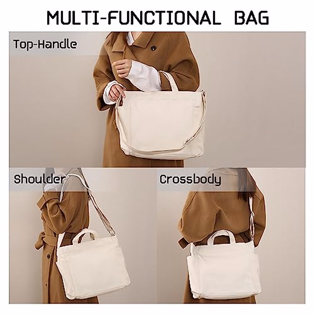 Plusfeel Canvas Tote Bag, Stylish Satchel Bag Lightweight Cotton Cross Body Top Zipper Closure Handbags for Women White