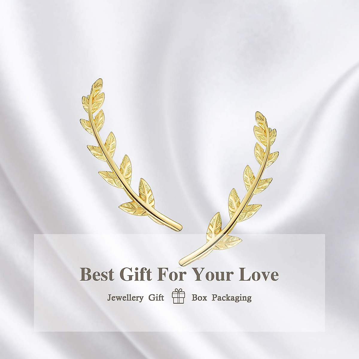 ✦Mothers Day Gifts✦ S925 Sterling Silver 14K Gold Plated Crawler Cuff Leaf Stud Earrings Climber Hoop Jacket Earrings for Women Hypoallergenic with Box Packing (gold-2)