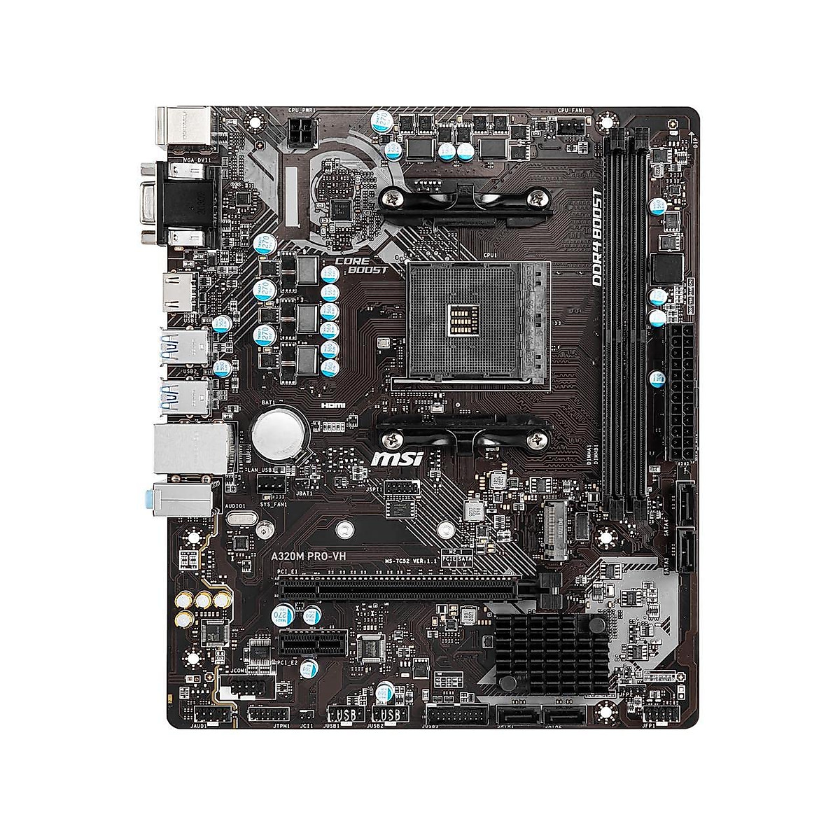 MSI A320M PRO-VH ProSeries Motherboard (AMD AM4, DDR4, PCIe 3.0, SATA 6Gb/s, USB 3.2 Gen 2, M.2 Slot, DVI/HDMI, Micro-ATX)
