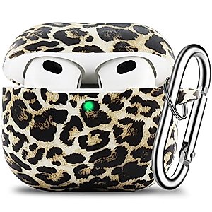 R-fun Airpods 3rd Generation Case Cover with Keychain, Soft Silicone Floral Printed Cover for Women Girls with 2021 Apple Airpods 3 Charging Case-Leopard