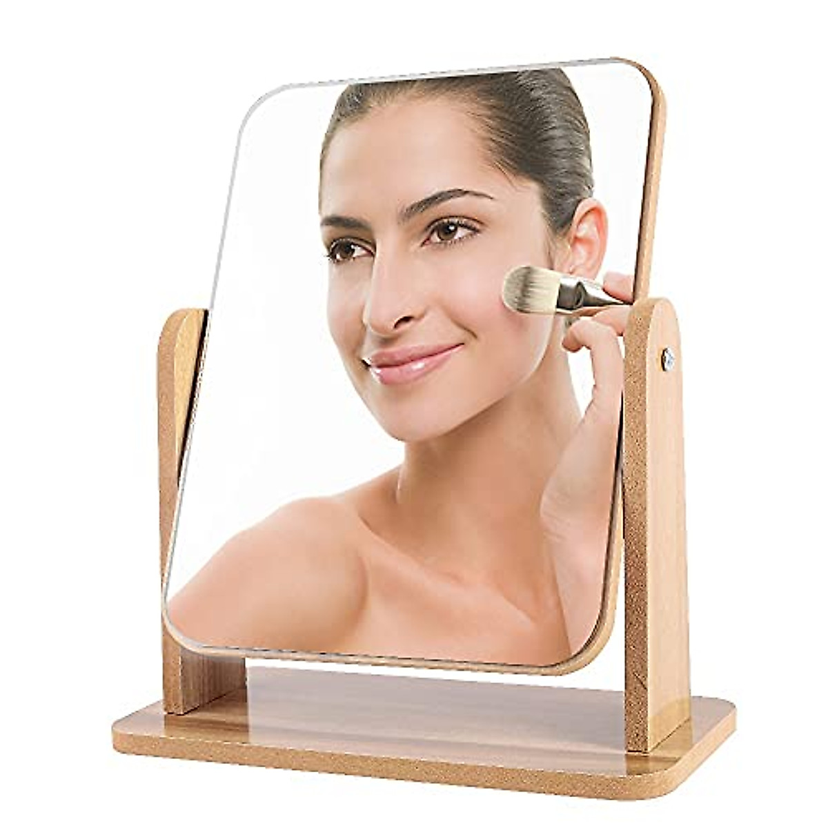 LOTIKO Natural Wooden Vanity Makeup Mirror,7 Inch Single Sided 360 Degree Swivel Mirror,Portable Removable Countertop Private Room High-Definition Desk Mirror(Square)