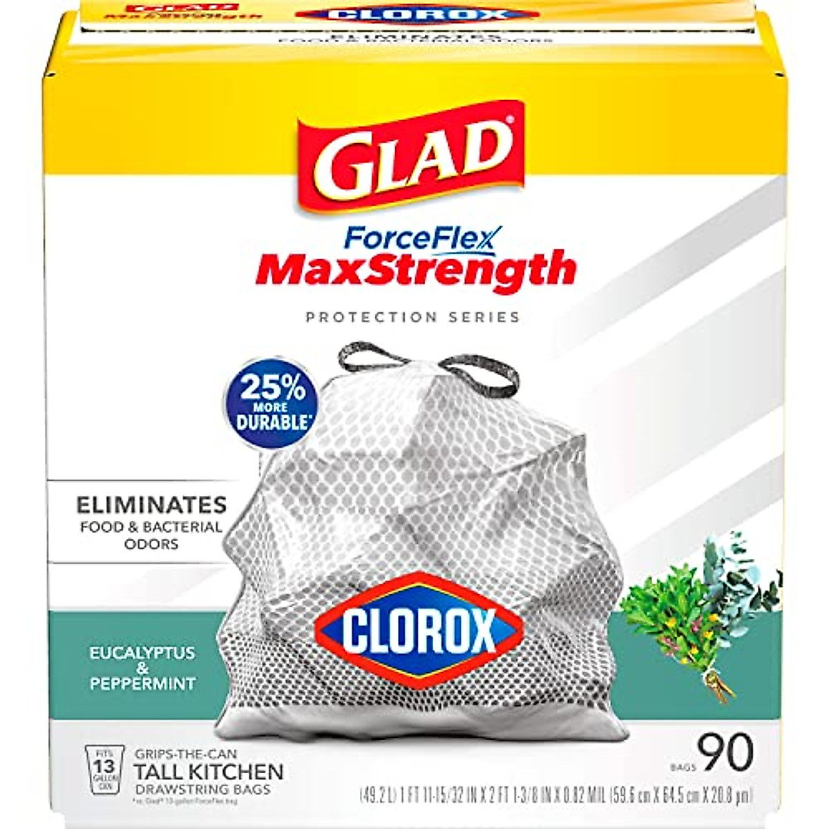 Glad ForceFlex MaxStrength with Clorox Tall Kitchen Drawstring Trash Bags, 13 Gallon Grey Trash Bags, Eucalyptus and Peppermint Scent, 90 Count