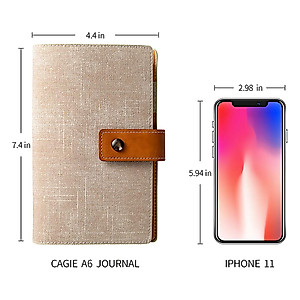 CAGIE A6 Refillable Faux Leather Traveler Notebook Binder Journals 6 Ring Binder Personal Organizer Travel Diary for Women Men Lined Grid Blank Paper with Calendar Light Khaki