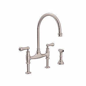 Rohl U.4719L-STN-2 Perrin and Rowe Deck Mount Bridge Kitchen Faucet with Sidespray with High C Spout and Metal ALSace Levers, Satin Nickel