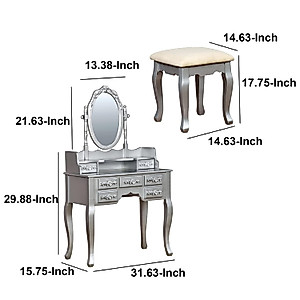 Benjara Benzara Beauty Queen Vanity Table and Stool Set, Silver,